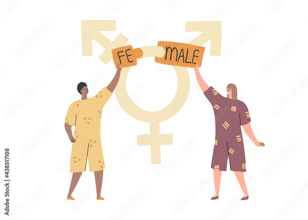 Two young happy people in gender neutral clothes collect puzzle with a ...