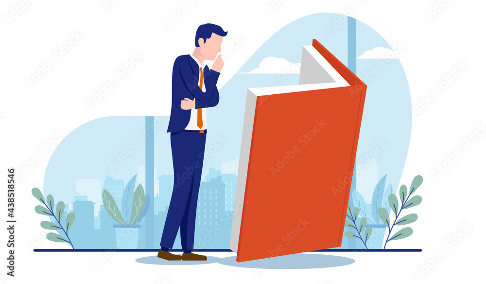 Businessman learning from book - Person standing while reading and ...