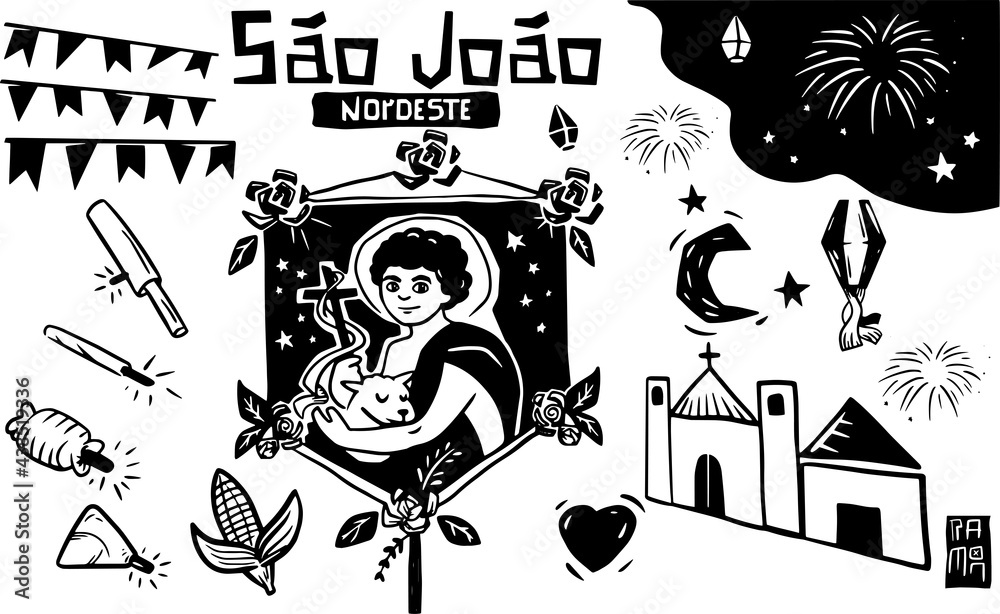Vetor de Xilogravura, São João do Carneirinho, festa junina, fogos, Nordeste do Brasil, Cidade ...