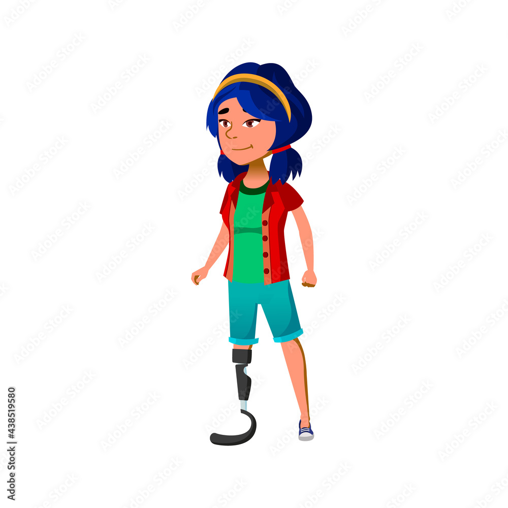 smiling girl teen with leg prosthesis cartoon vector. smiling girl teen ...
