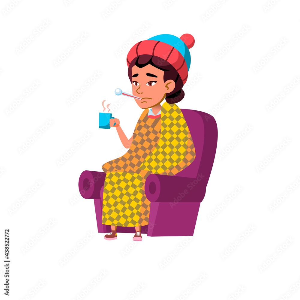 illness flu girl sitting on chair with thermometer and holding hot ...