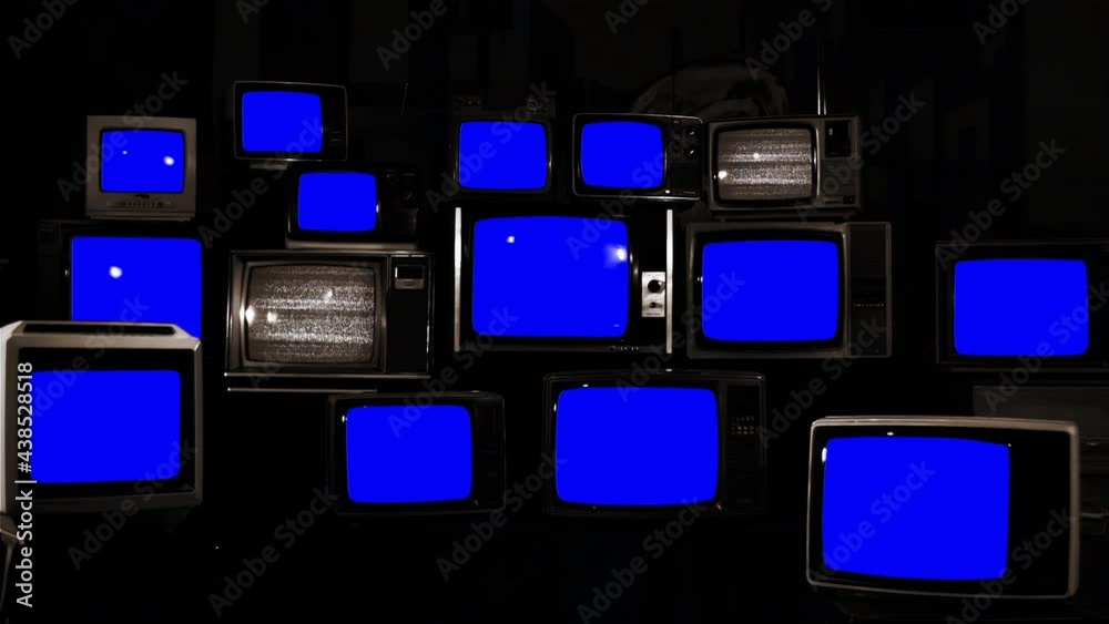 Stacks of Retro TVs Turning On and Off Blue Chroma Screens. You can ...