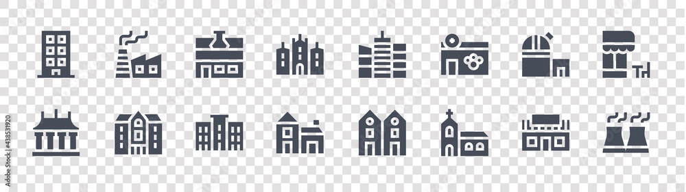 urban building glyph icons on transparent background. quality vector ...