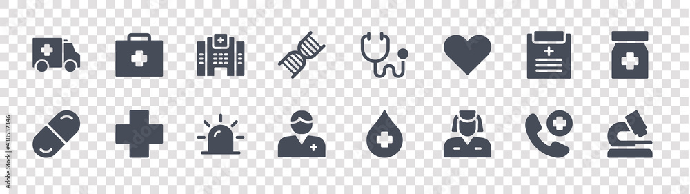 medical items glyph icons on transparent background. quality vector set ...