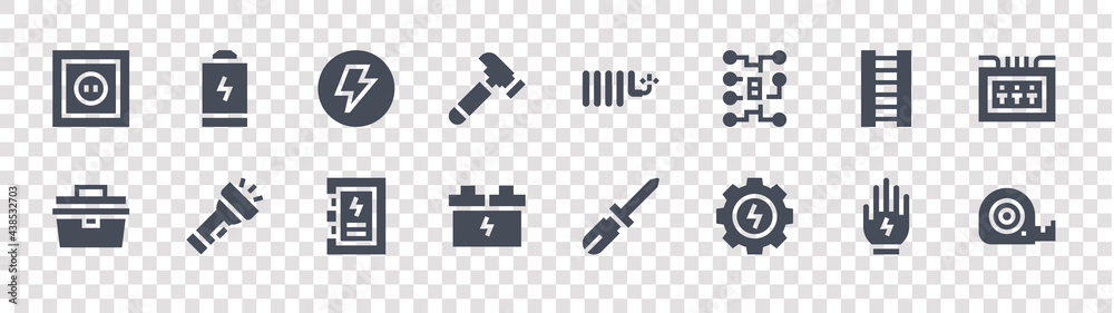 electrician tools and glyph icons on transparent background. quality ...