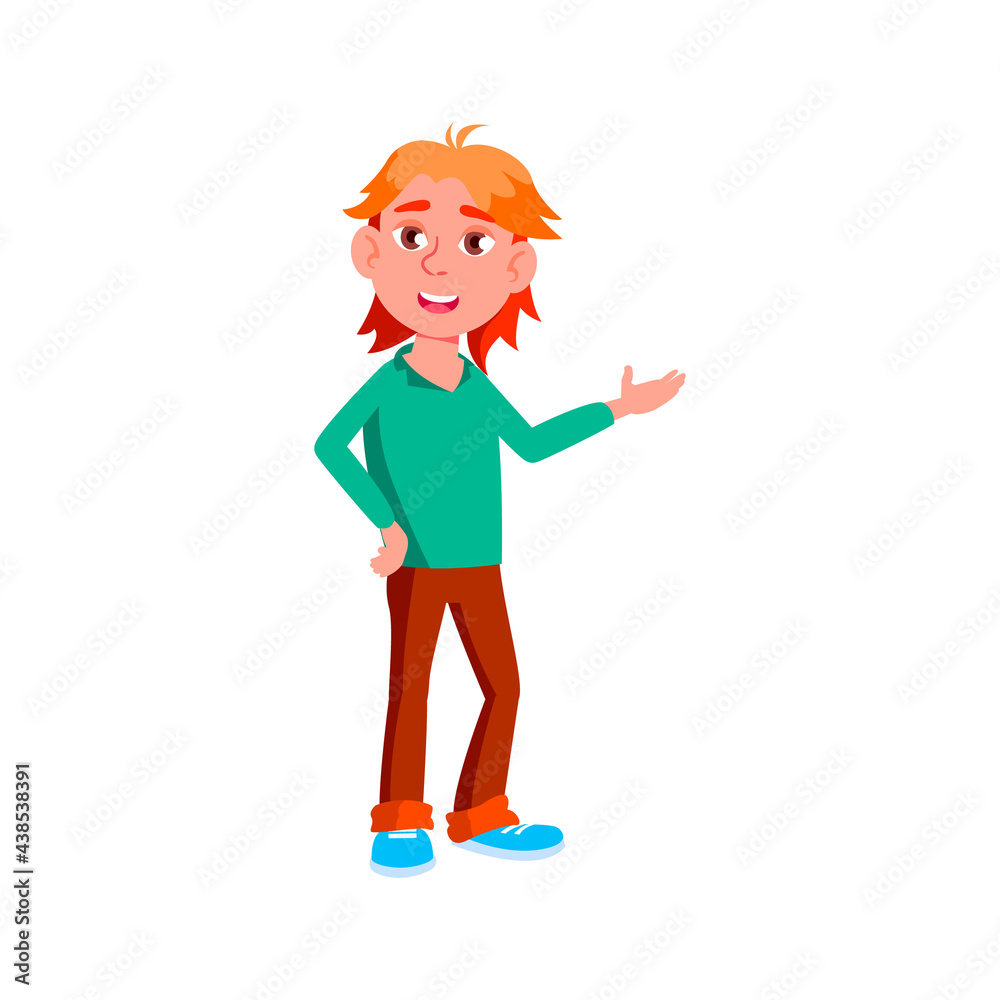 witty boy showing way to stranger cartoon vector. witty boy showing way ...