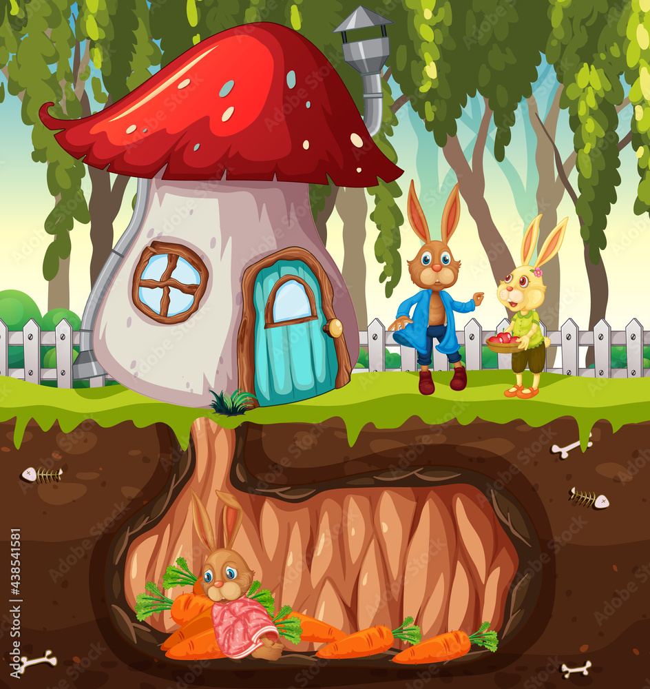 Underground rabbit hole with ground surface of the garden scene Stock ...