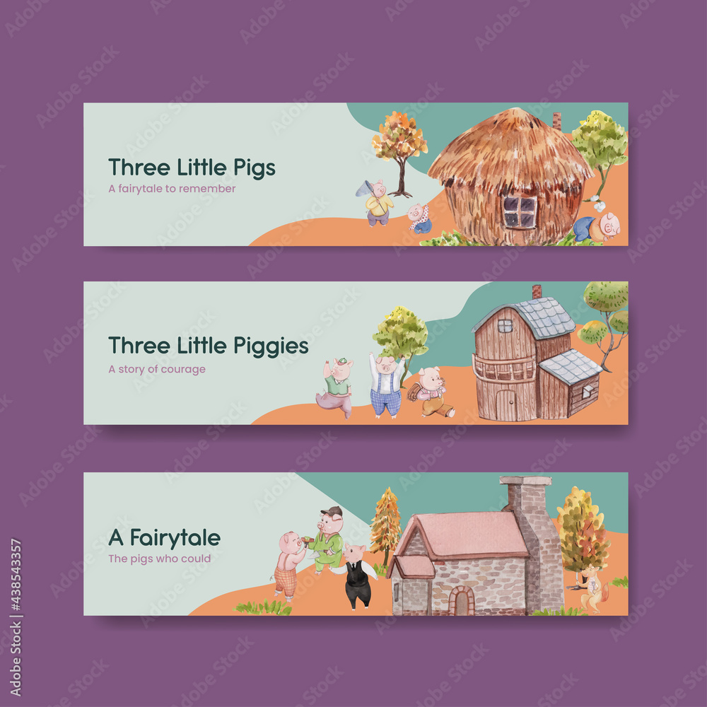 Banner template with cute three little pigs concept ,watercolor style ...
