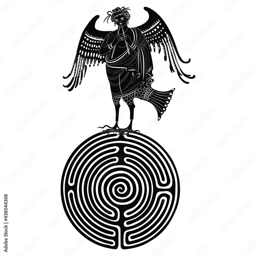 Fantastic winged female Siren bird playing flute on top of a round ...