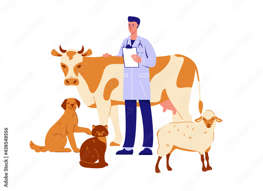 Veterinarian with animals cow, sheep, cat, dog. Health check. Vector ...