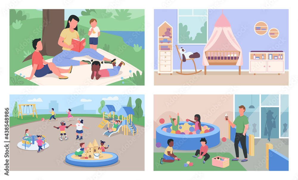 Childcare and daycare flat color vector illustration set. Reading book ...