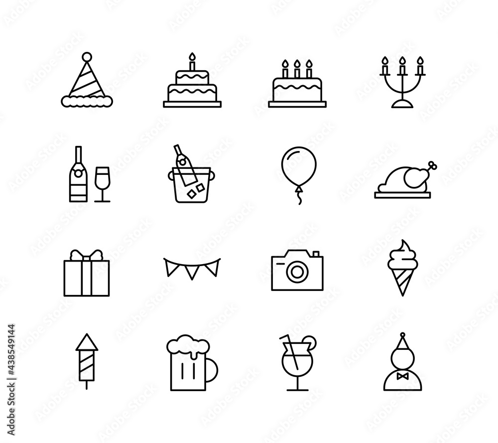 Birthday party event icon set. outline simple vector illustration ...