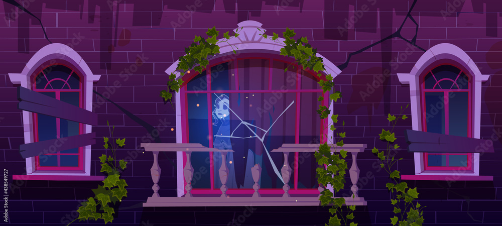 Old haunted house with woman ghost in window. Broken abandoned building ...