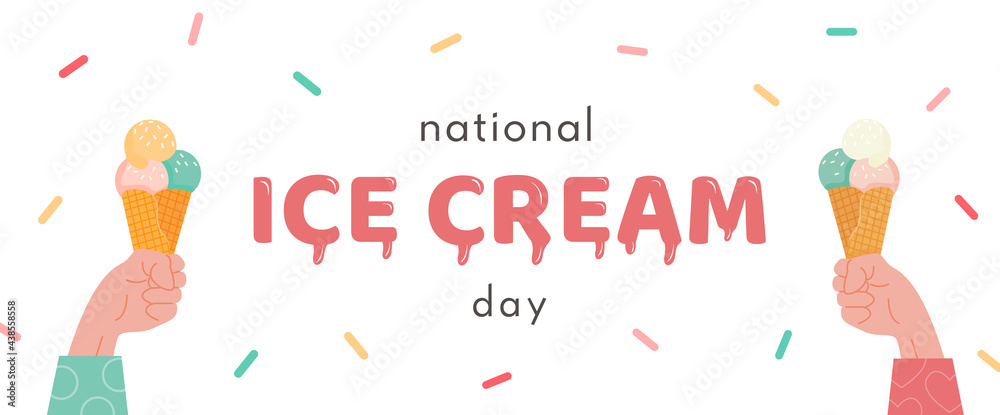 Happy National Ice Cream Day horizontal banner. A waffle cone with ...