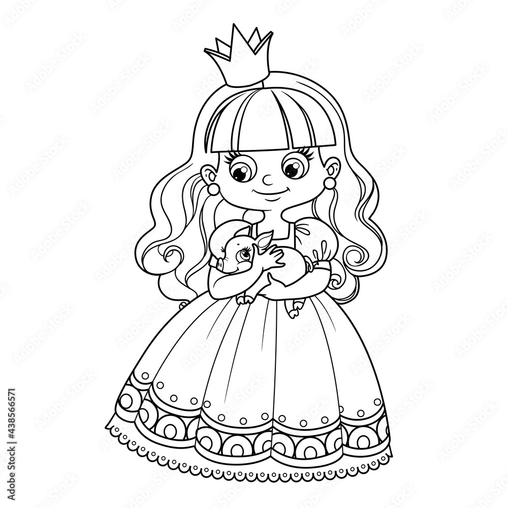 Cute cartoon princess hold baby piglet in hands outlined and color for ...
