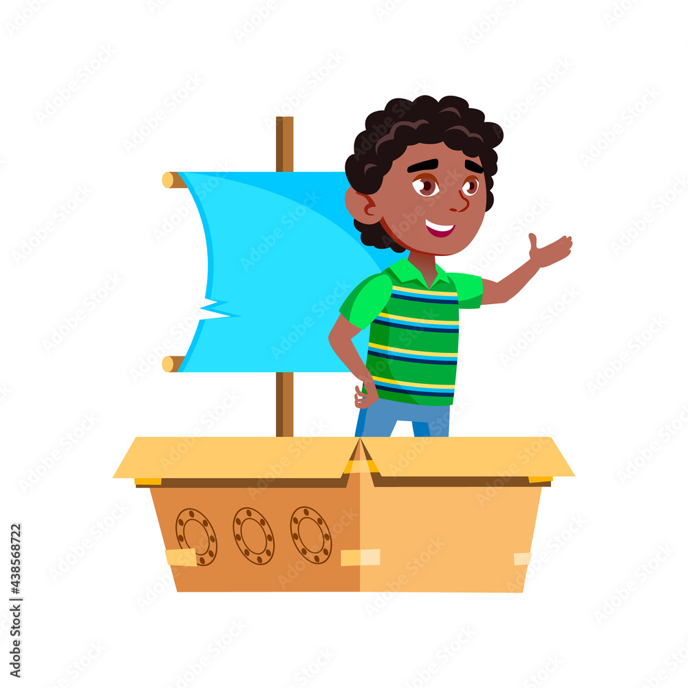 little boy playing captain and floating on carton boat cartoon vector ...