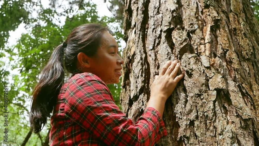 A happy woman is standing near an old tree and hugs with love and ...