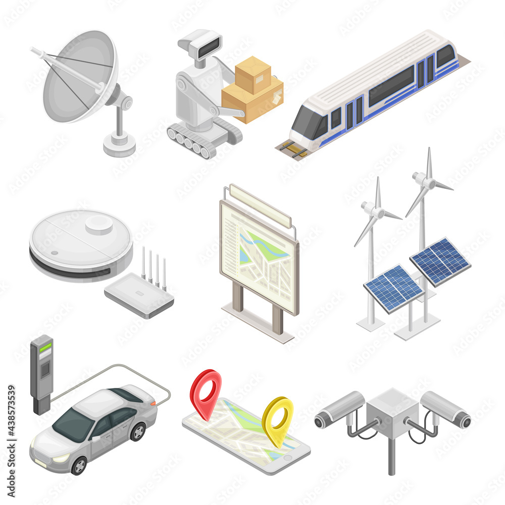 Smart City with Solar Panel, Robot, Electric Car and Satellite Dish ...