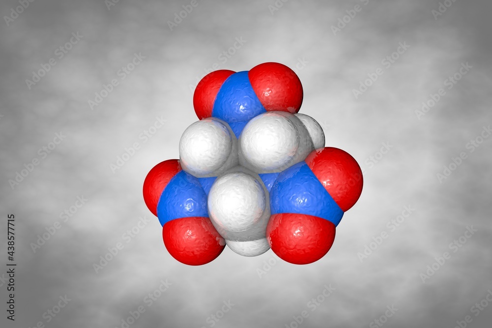 Space-filling molecular model of cyclonite. Atoms are represented as ...