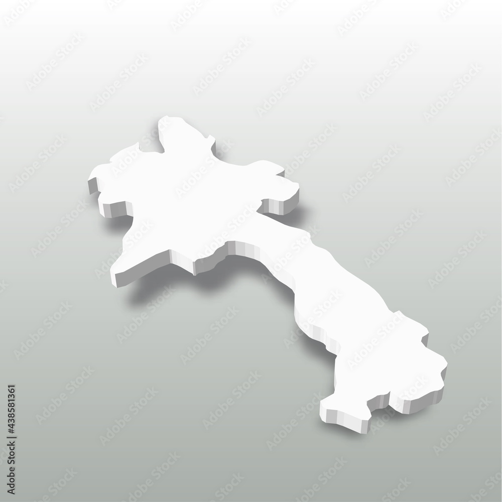 Laos - white 3D silhouette map of country area with dropped shadow on ...