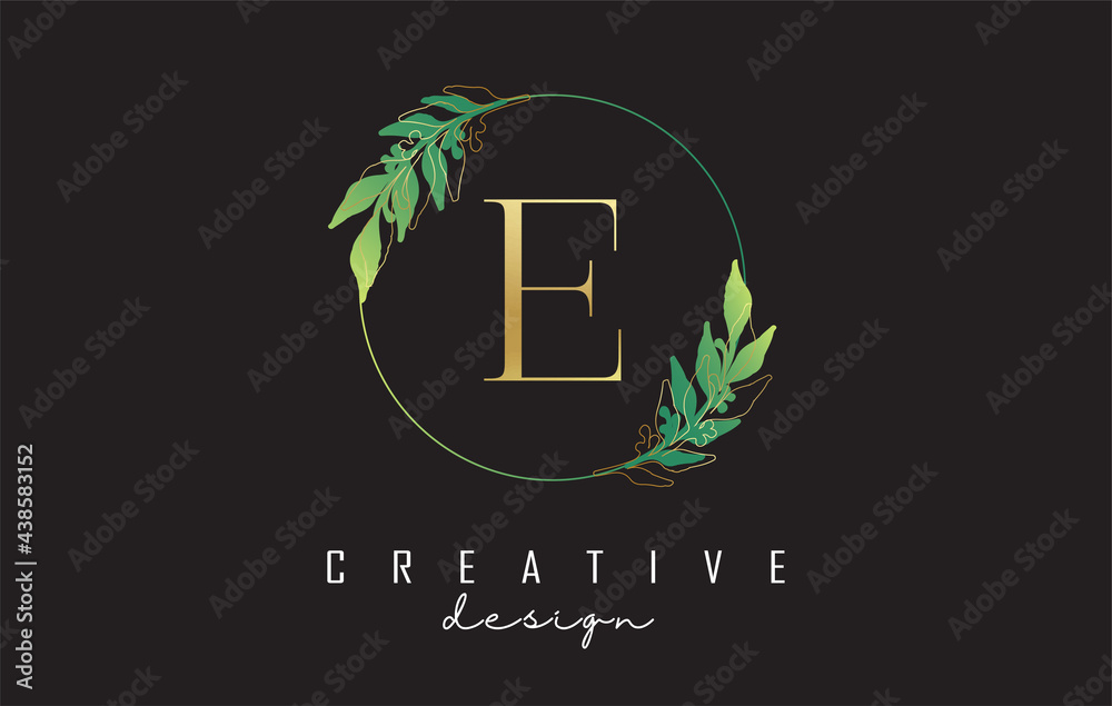 Letter E logo design with uppercase, leaf details, golden outline ...