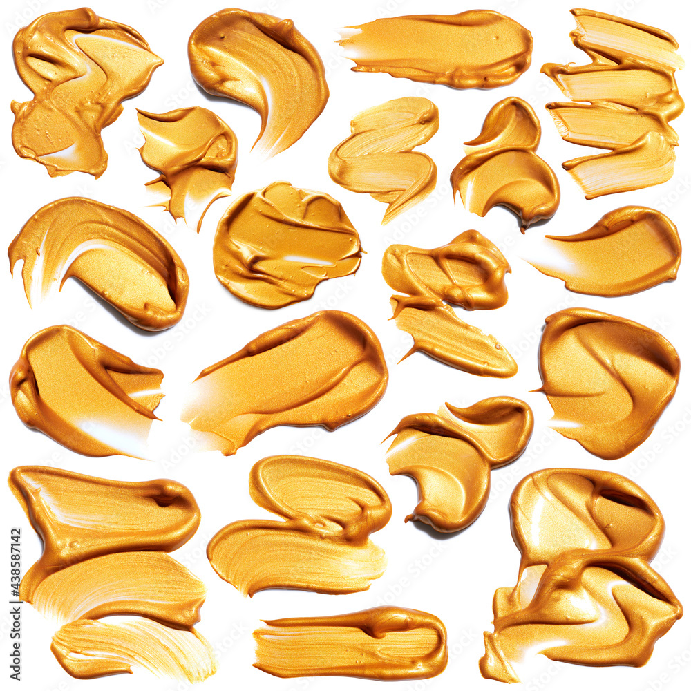 Set of golden paint smudges isolated on white background Stock Photo ...