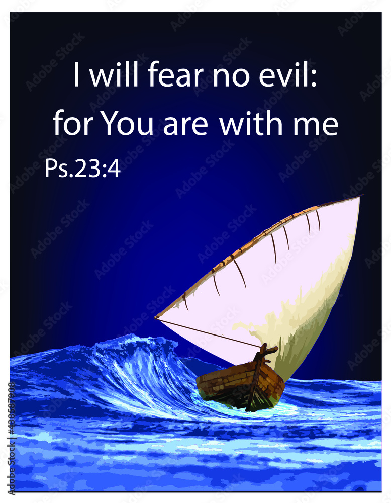 Baner ship in the stormy sea. Realistic boat wave sail. Christian text ...