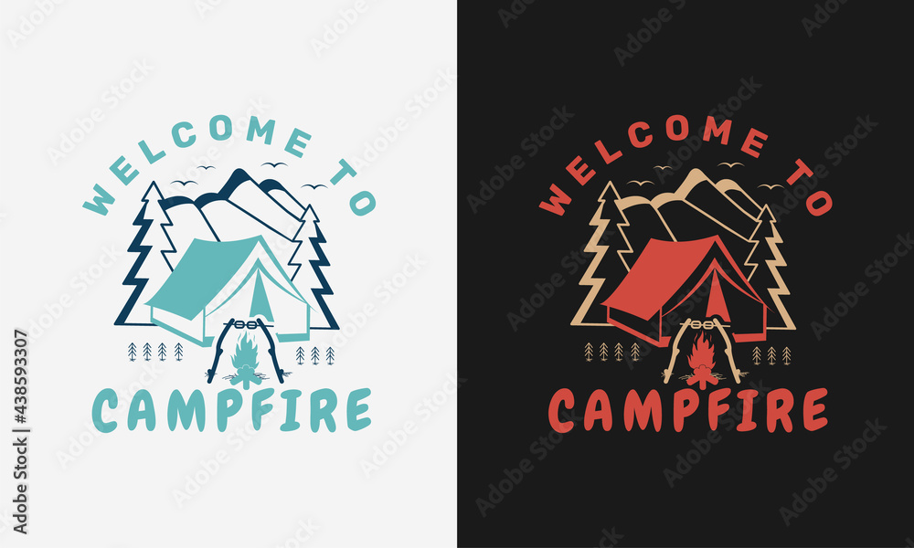 welcome to campfire with mountain, campfire and trees camping logo ...
