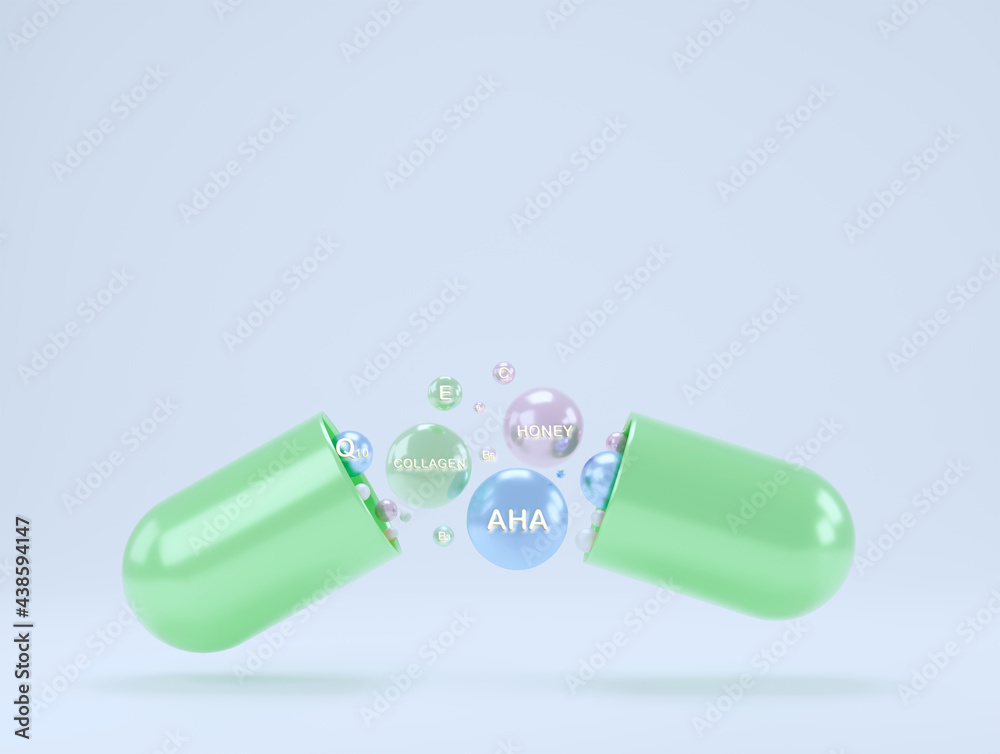 Abstract blue capsule supplement with dispersed particles rich in ...