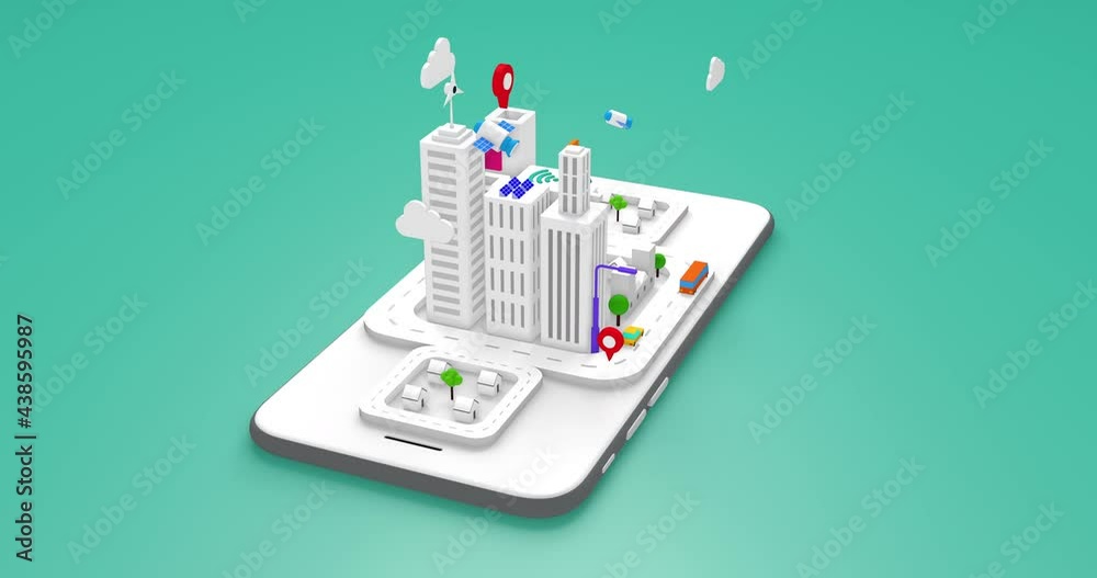 Isometric 3D City Animation On Smart Phone. Futuristic Smart City. Loop ...