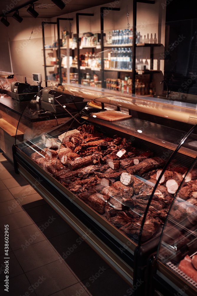 Retro styled meat shop and its counter with smoked meat Stock Photo ...