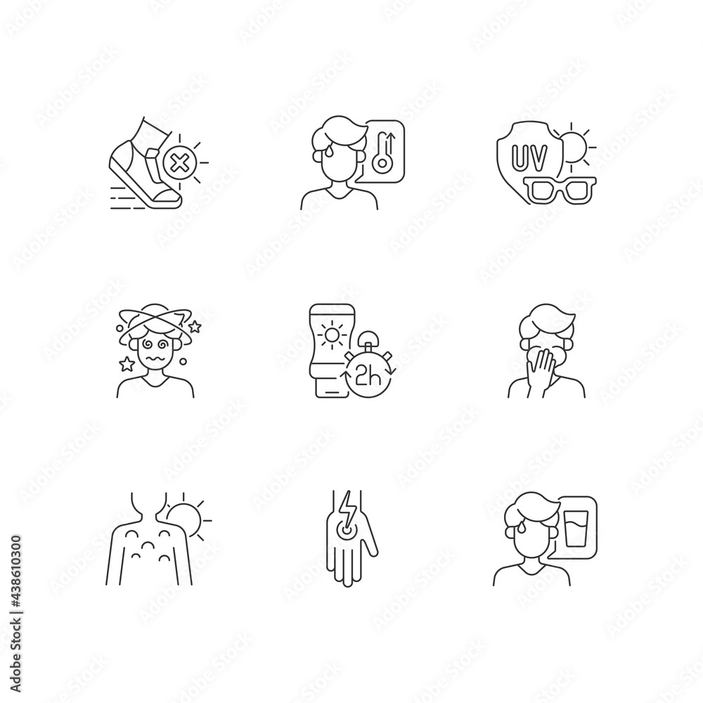 Sunstroke prevention linear icons set. Heatstroke symptoms. Avoid UV ...