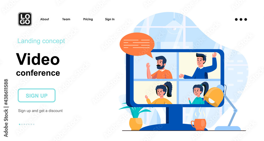 Video conference web concept. Video call on computer screen, virtual ...