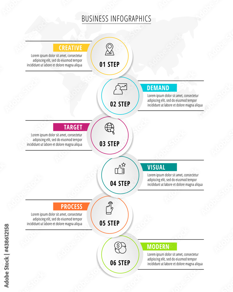 Vector infographics with six circles. Modern concept 6 icons with ...