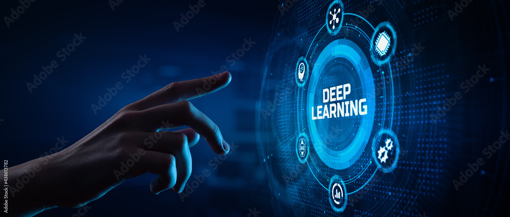 Deep learning artificial intelligence neural network. Hand pressing ...