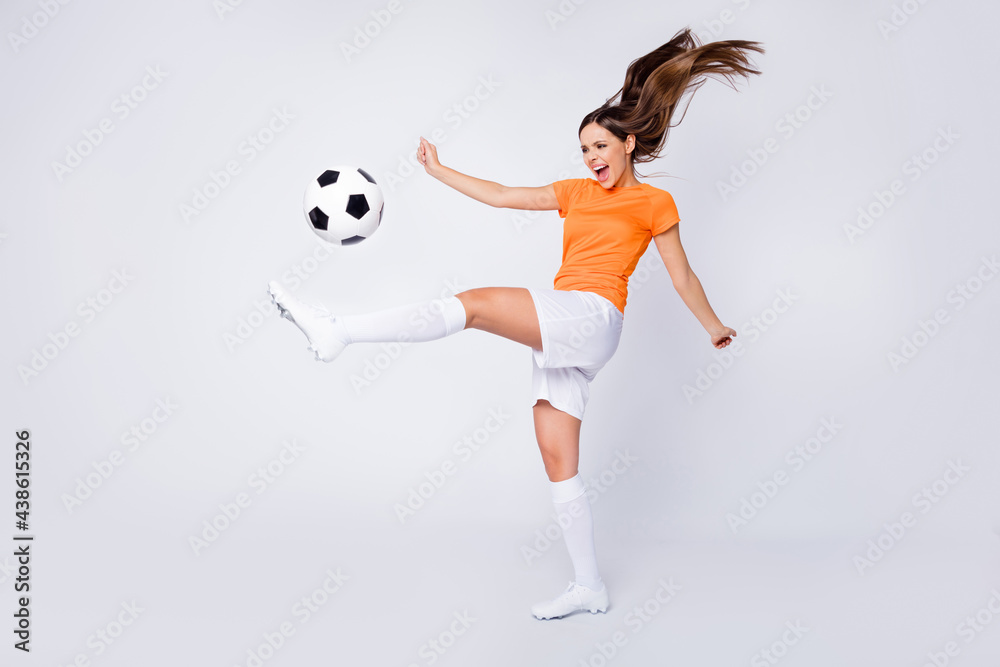 Full body profile photo of excited lady goalkeeper player team 2020 ...