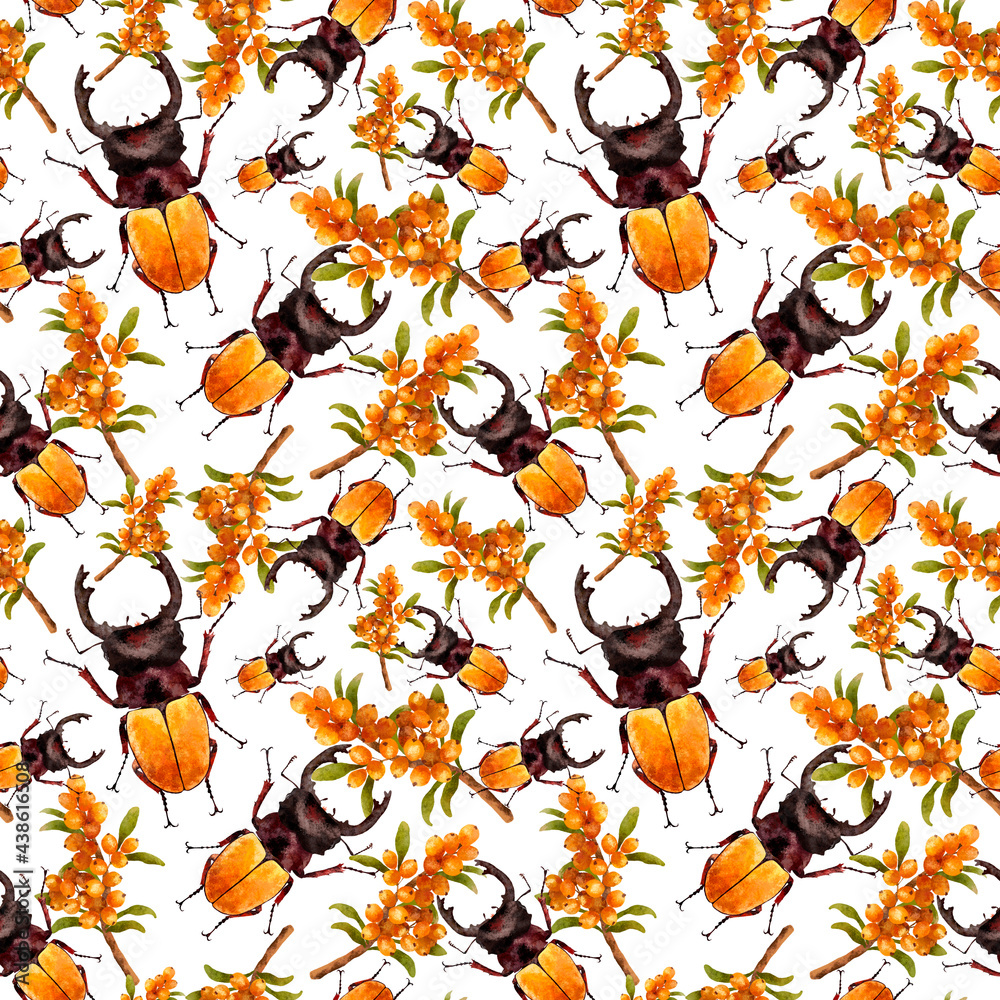 Entomological seamless pattern with colorful beetles. Summer and spring ...