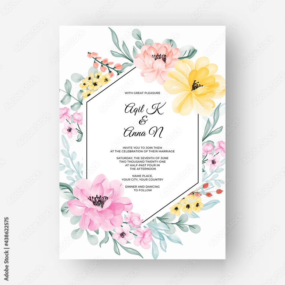 flower frame with color pastel pink yellow for wedding invitation Stock ...