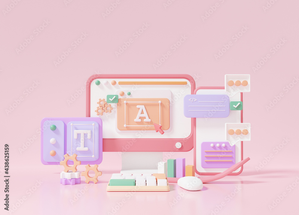 3d render UI-UX design concept. Mobile application software development ...