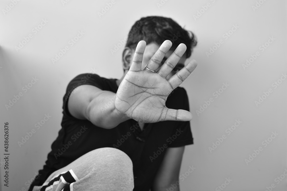stop hand of teenager, sign of discrimination or anti violence symbol ...