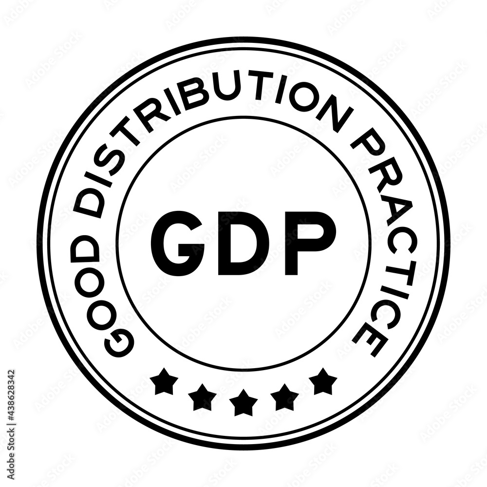 Black color GDP Good distribution practice round label stamp on white ...