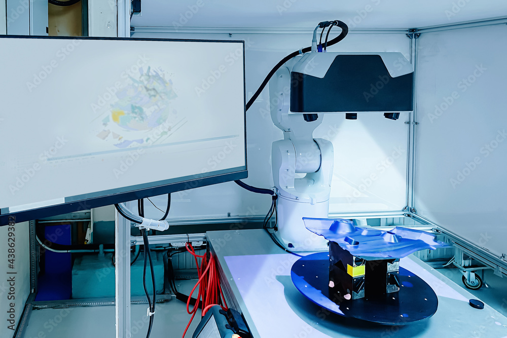 Inspection part dimension by 3D scan measuring machine. Stock Photo ...