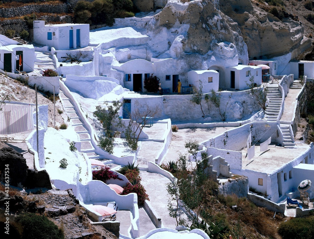 greece, santorini, cave dwellings, tourist accommodation, outside ...