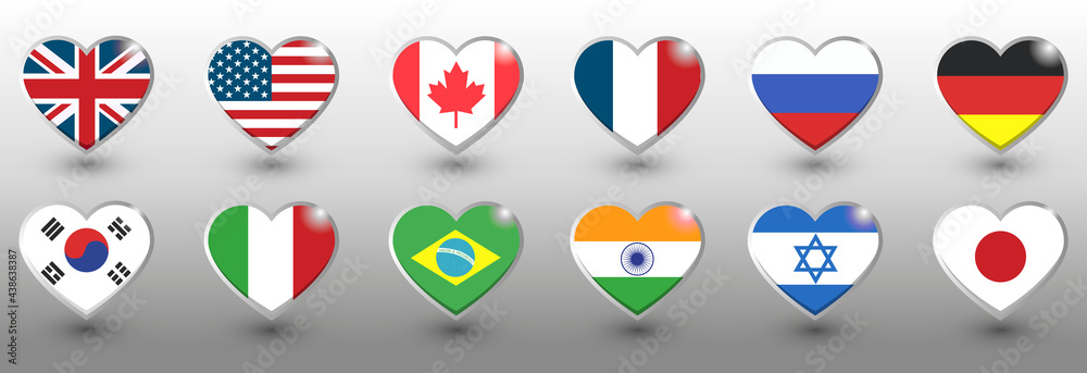 Set of twelve flags in heart shape style. Popular countries, vector ...