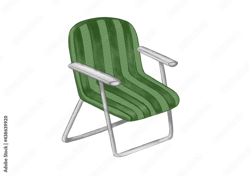 Green camping chair drawing. Hand drawn pencil and watercolor camping ...