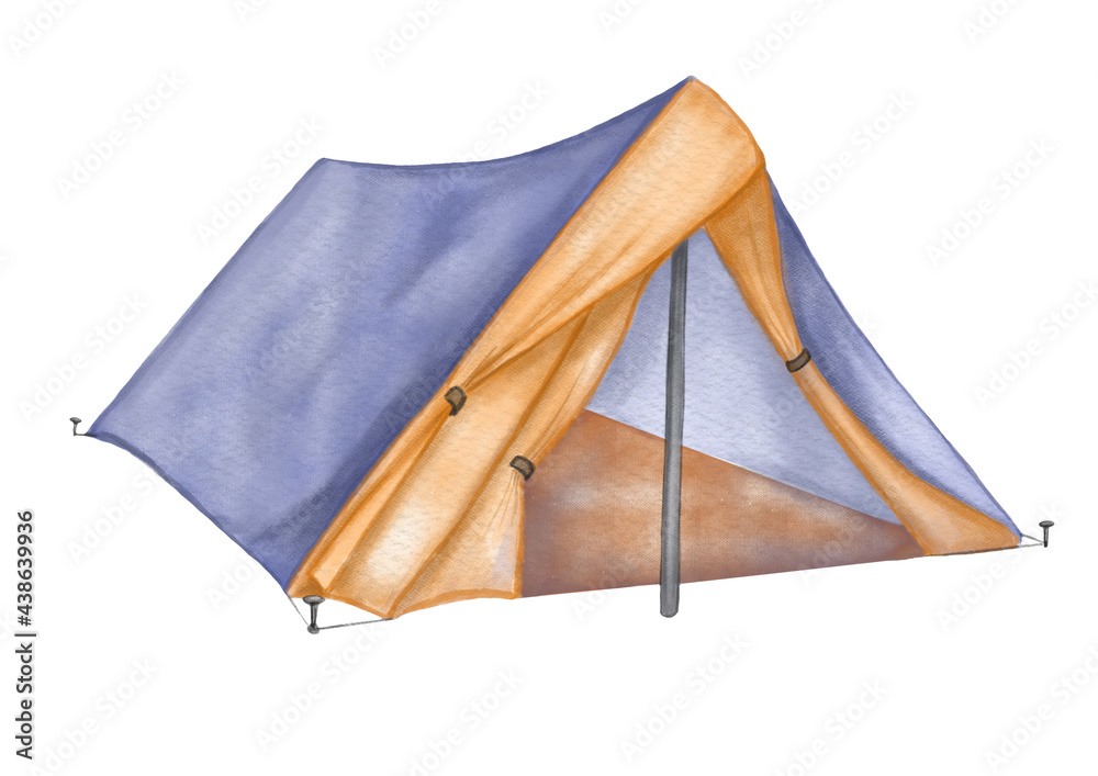 Tent illustration. Hand drawn pencil and watercolor blue and orange ...