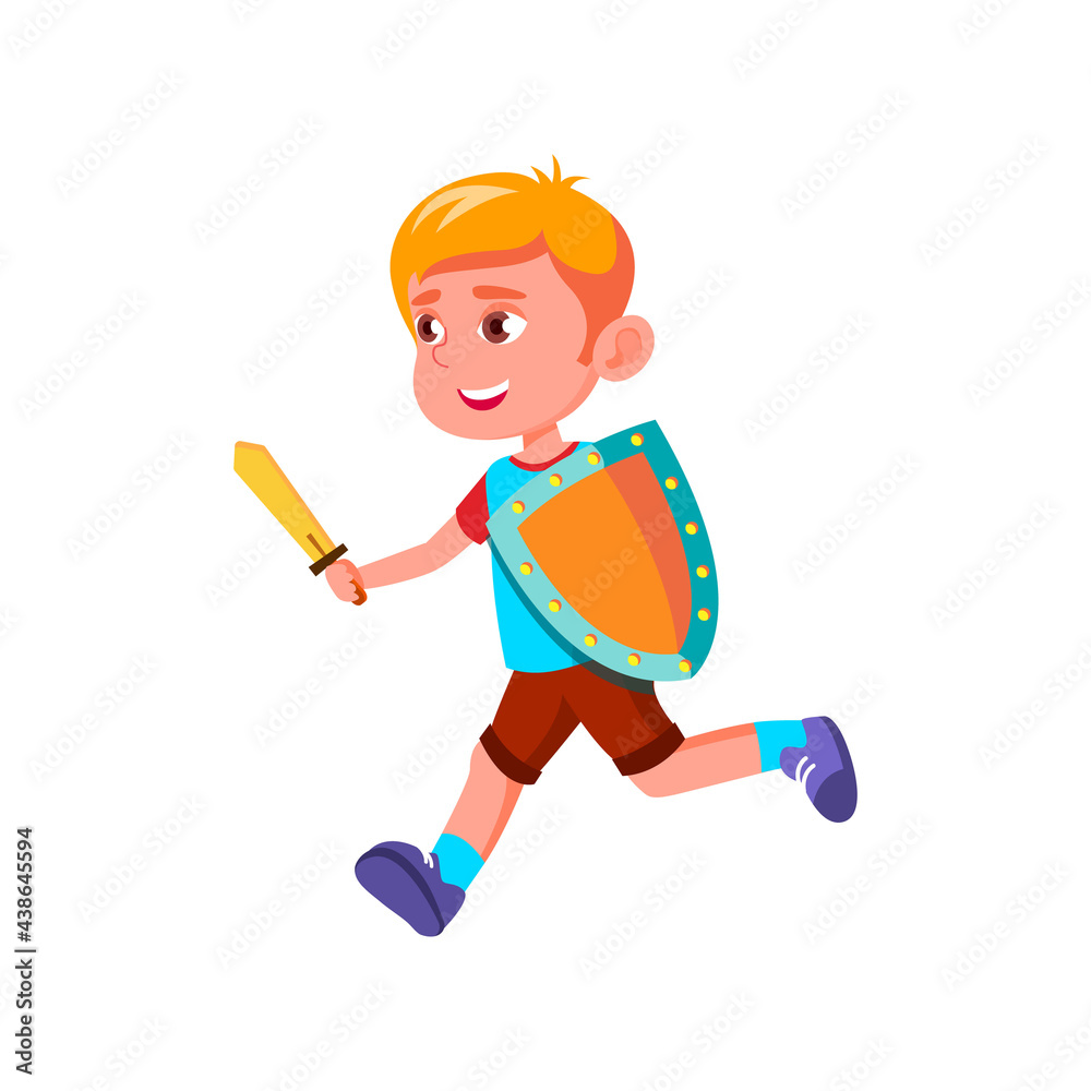 little boy playing knight with sword and shield cartoon vector. little ...