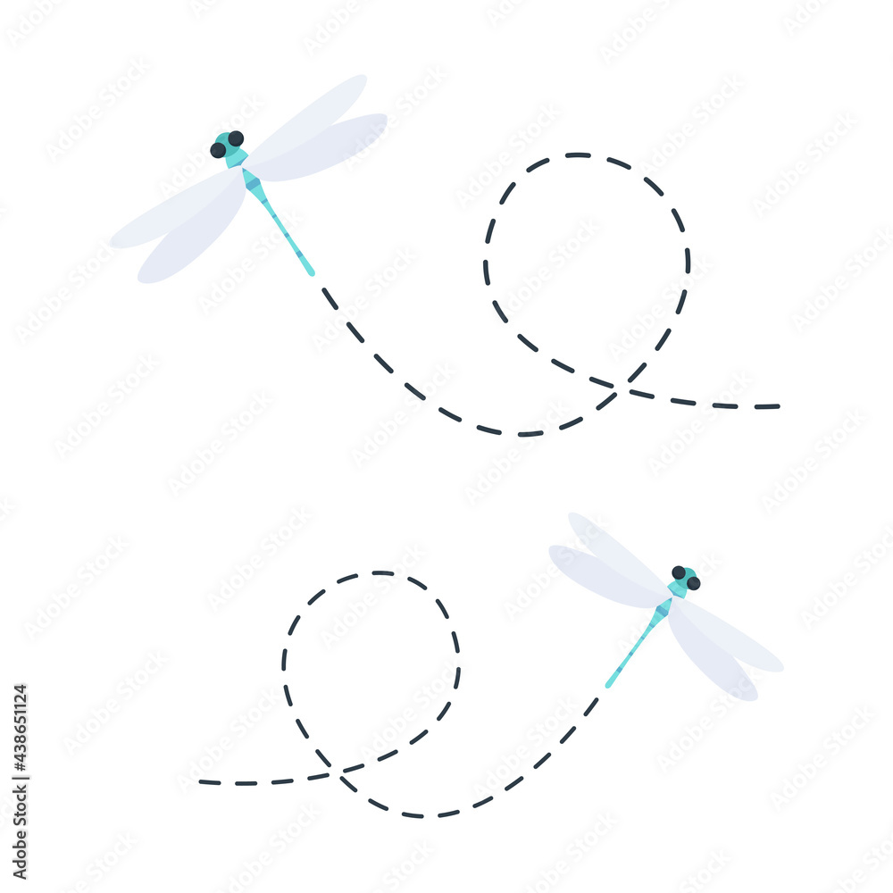 Cute dragonflies with dotted line route. Green dragonfly fling. Vector ...