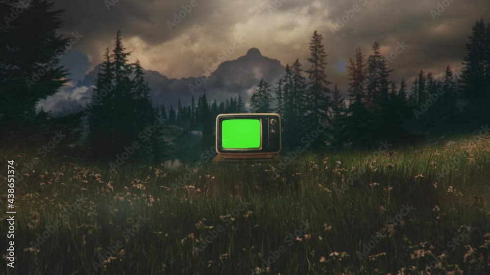 Green Screen TV Retro Technology In Woods Zoom In Television. Vintage ...