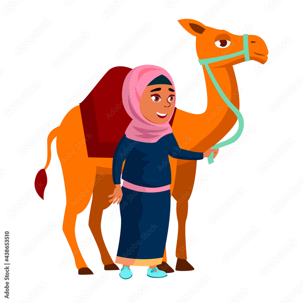 smiling muslim girl teen walking with camel in desert cartoon vector ...